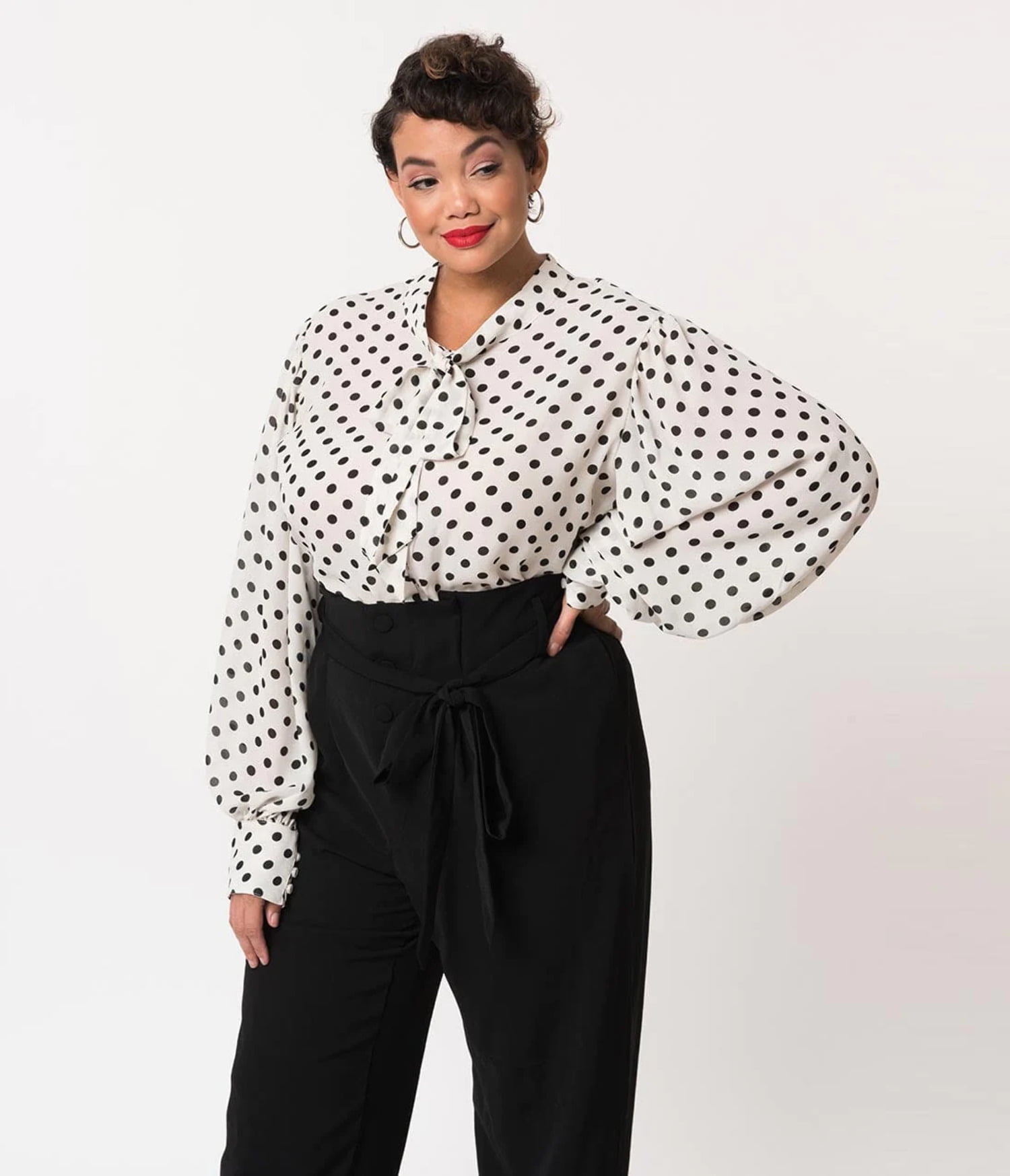 Unique Vintage Plus Size White Black Polka Dot Neck Tie Gwen Blouse - Walmart.com
