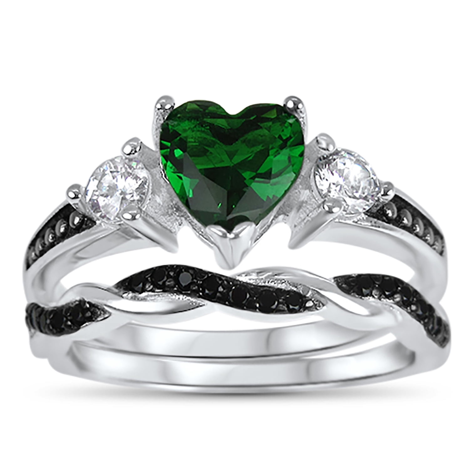 Unique Wedding Engagement Ring Set Green Simulated Emerald Black CZ ...