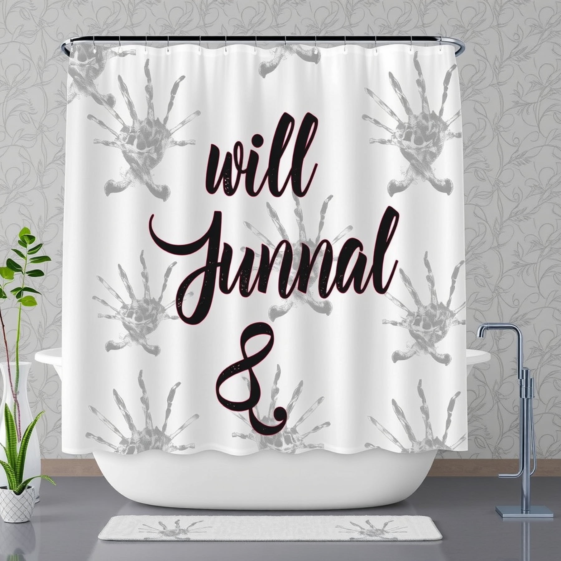 Unique White Shower Curtain with Grey Skeletal Hand Prints & Cursive ...