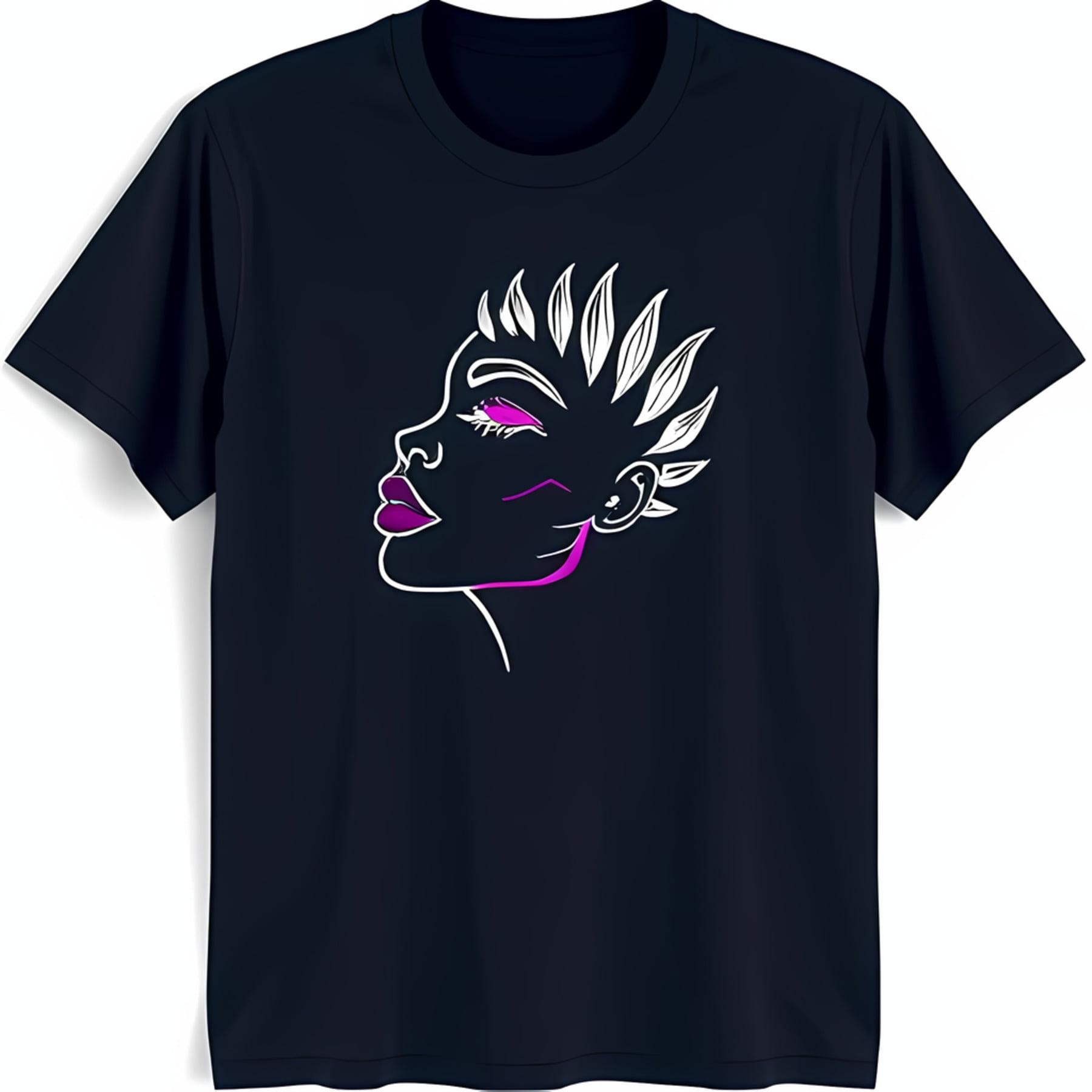 Unique Women's Face Outline Black T-Shirt with Spiky Hairstyle & Pink ...