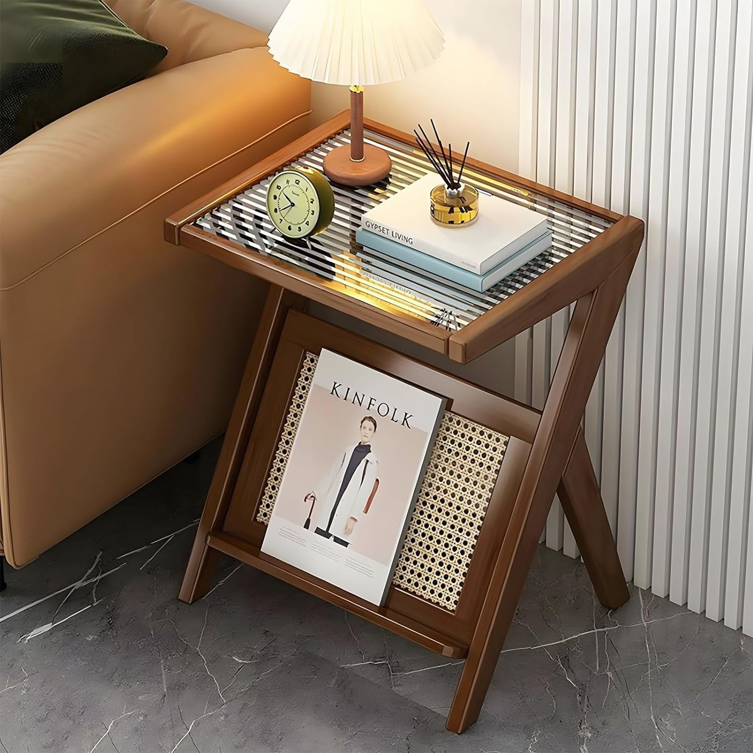 Unique Z Shaped Rattan End Table with Magazine Rack, Wood Side Table ...