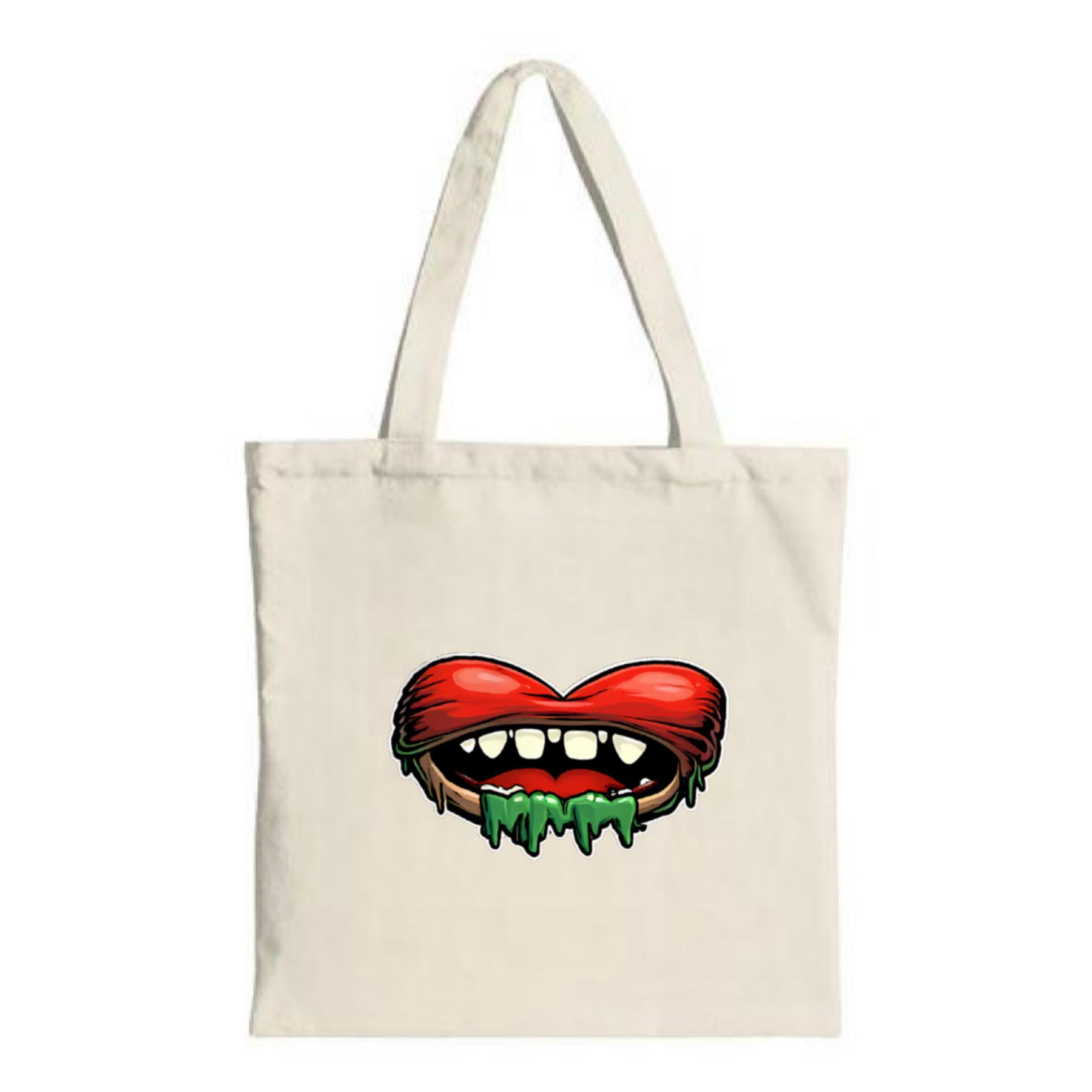 Unique cream canvas tote bag featuring a cartoon mouth with teeth and ...
