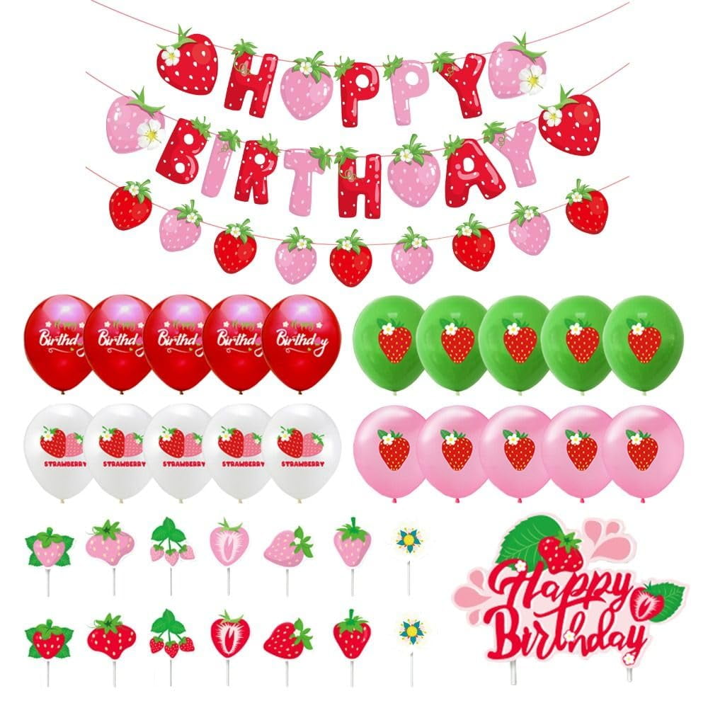 Uniquer Strawberry DesignEGSC Birthday Party Decoration Set, Happy Birthday Banner Cake Topper ...