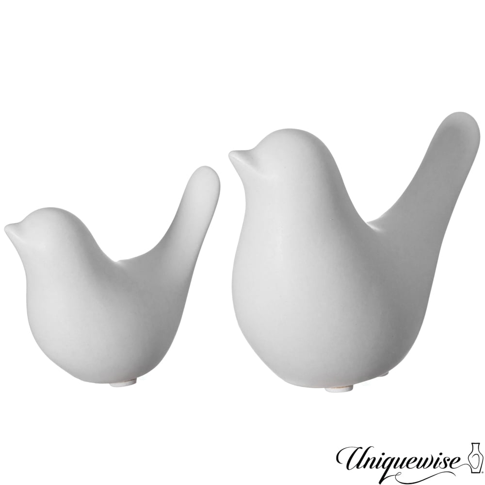 Uniquewise Set of 2 White Ceramic Bird Statue Gift & Decorative Accent ...