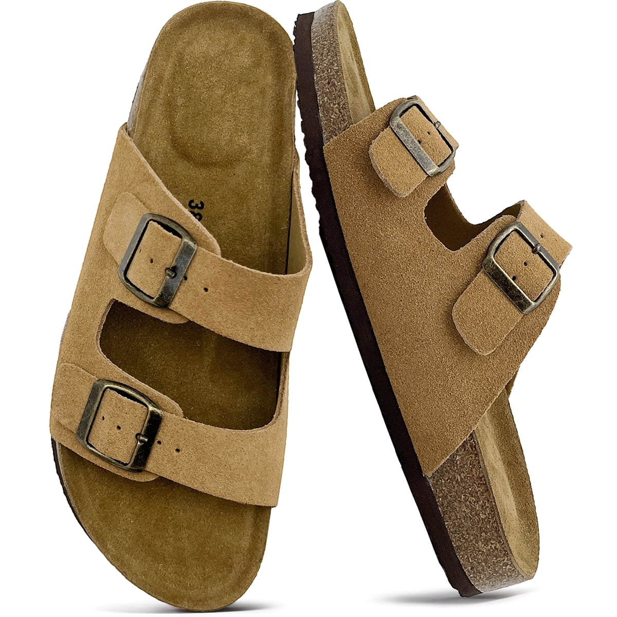 Unisex 100% Genuine Suede Summer Sandals, Arch Support Cork Footbed ...