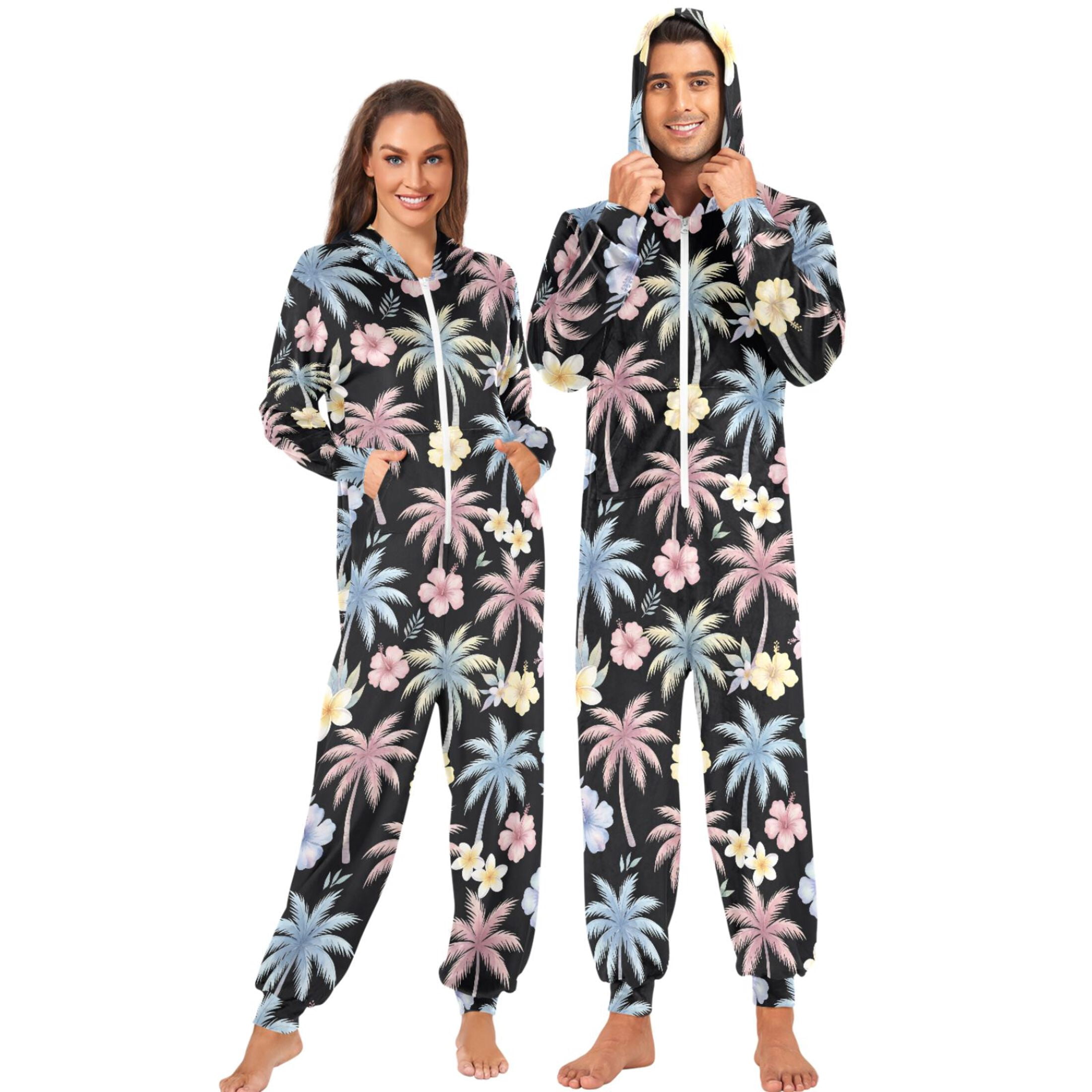 Unisex Adult One-Piece Hooded Pajamas with Coconut Tree Hibiscus Flower ...
