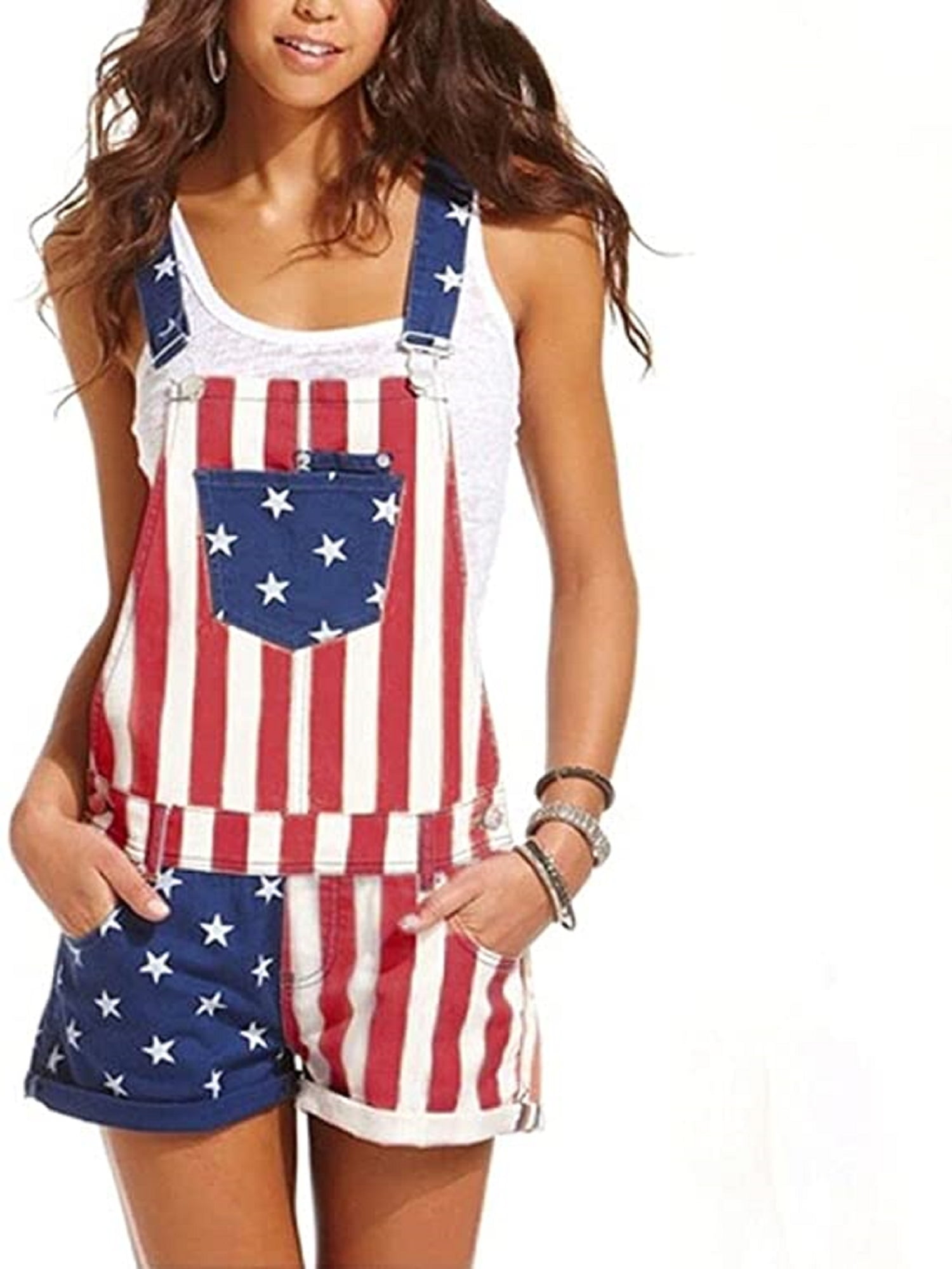 Unisex American Flag Overalls Adjustable Strap Bib Denim Shorts Romper ...