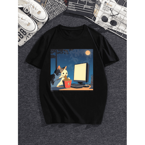 Unisex Anime Cat Ramen Japanese Funny Graphic Tees Kawaii Cat Anime ...