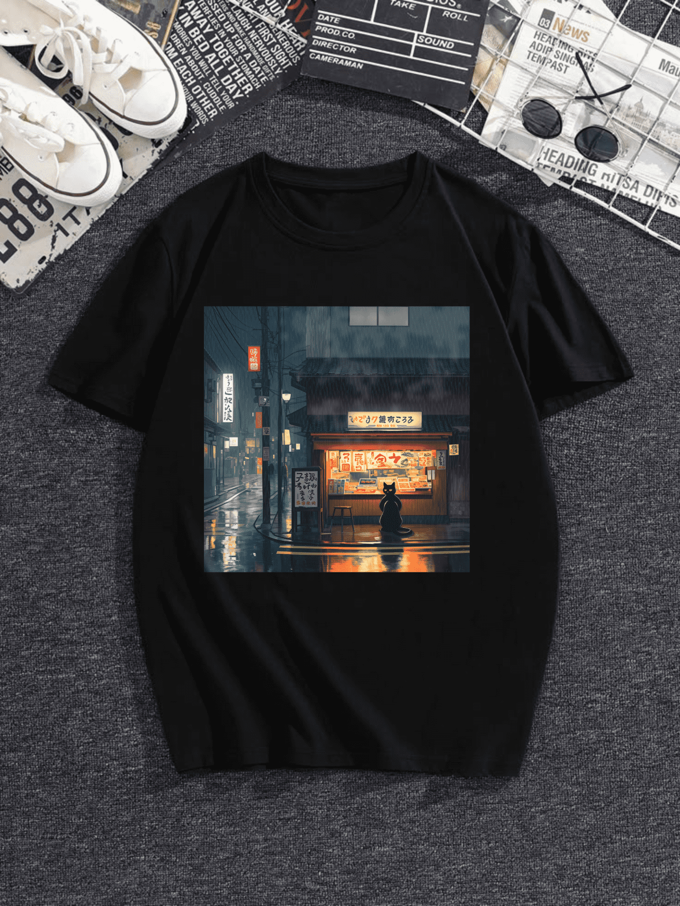 Unisex Anime Cat Ramen Japanese Funny Graphic Tees Kawaii Cat Anime ...