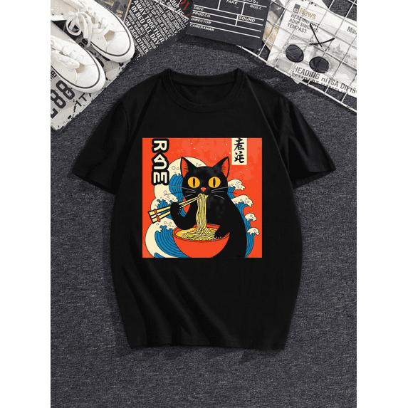 Unisex Anime Cat Ramen Japanese Funny Graphic Tees Kawaii Cat Anime ...