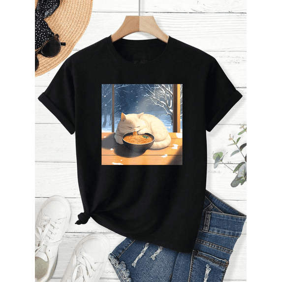 Unisex Anime Cat Ramen Japanese Funny Graphic Tees Kawaii Cat Anime ...