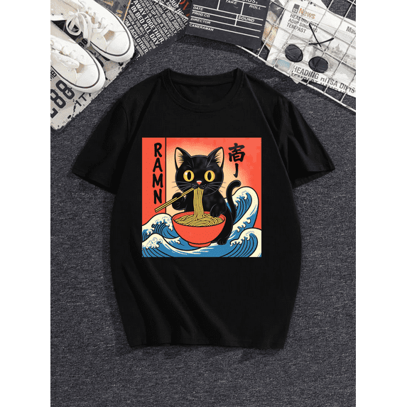 Unisex Anime Cat Ramen Japanese Funny Graphic Tees Kawaii Cat Anime ...