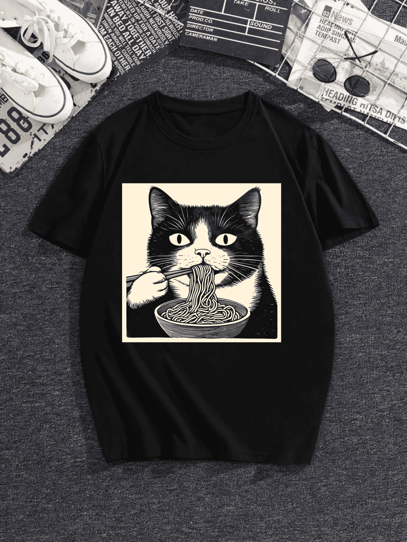 Unisex Anime Cat Ramen Japanese Funny Graphic Tees Kawaii Cat Anime ...