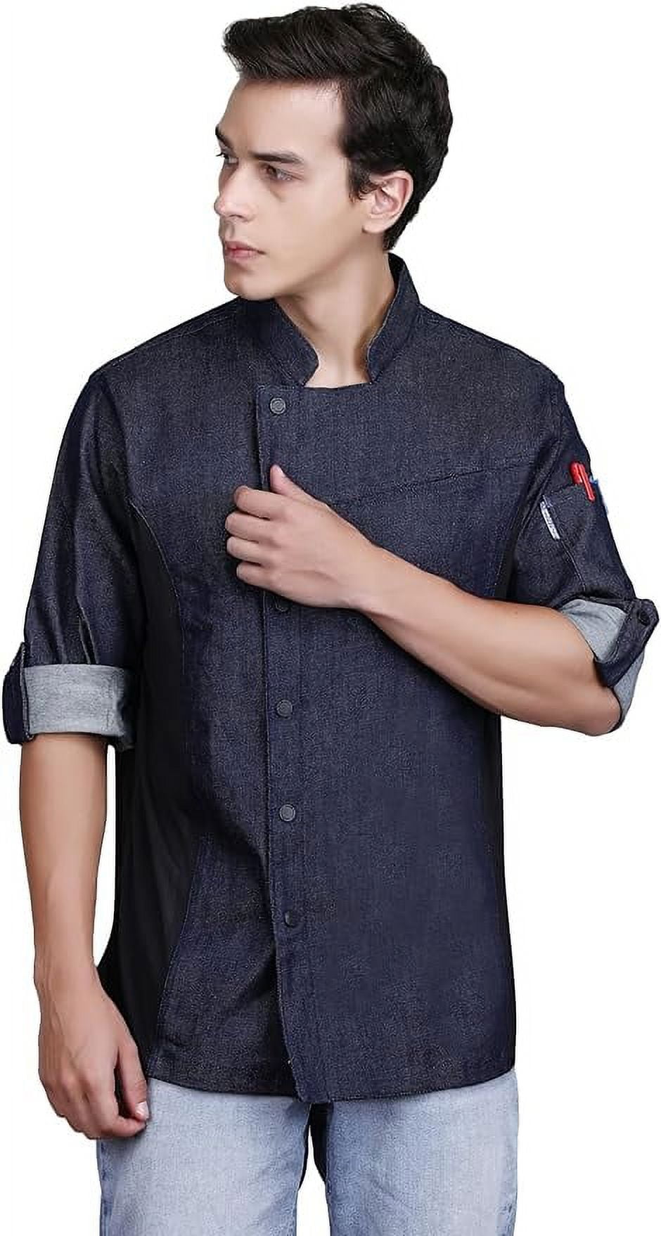 Unisex Asymmetrical Navy Blue Denim Color Jeans Chef Coat with Side ...