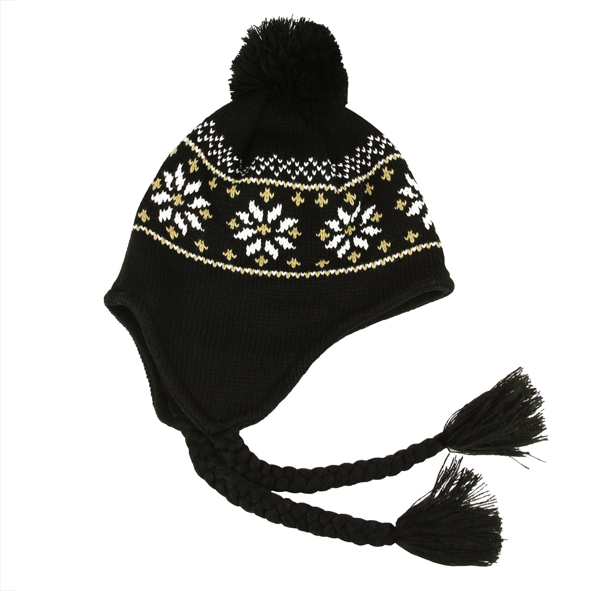 Unisex Black Jacquard Knit Winter Hat with Ear Flaps - One Size ...