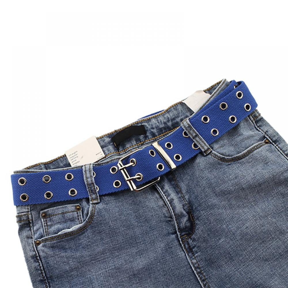 Unisex Canvas Double Grommet Holes Belt with Metal Buckle 2-Row Studded ...