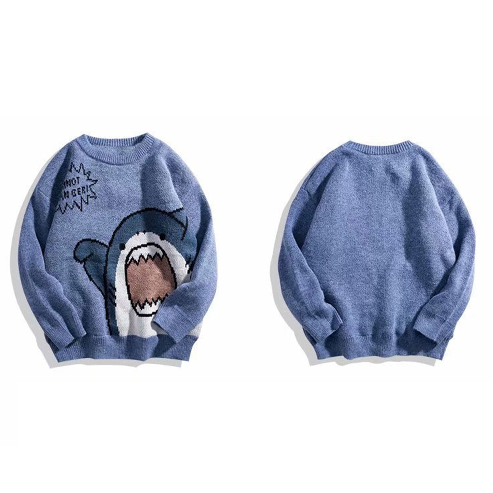 Unisex Cartoon Shark Sweater Crew Neck Long Sleeve Oversized Knit ...