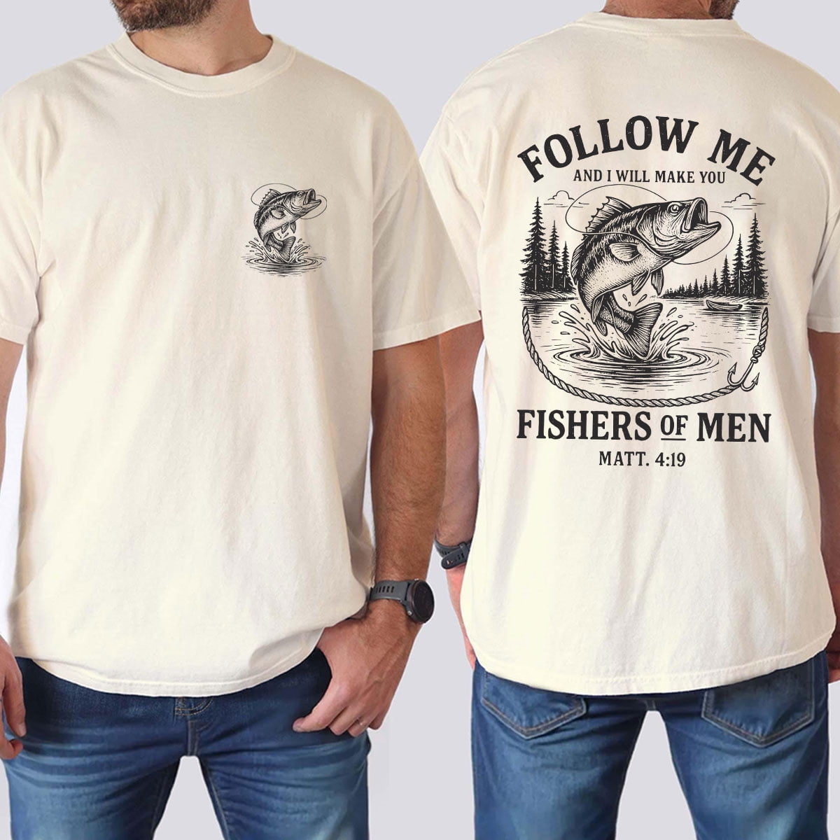 Unisex Christian T-Shirt, "Follow Me" Double-Sided Matt 4:19 Fishers of Men Bible Quote with ...