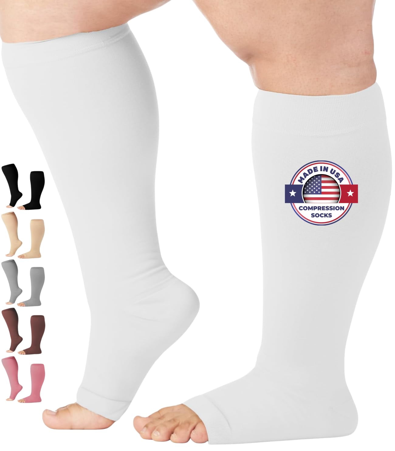 Made in USA - Unisex Compression Socks 20-30mmHg with Open Toe - White ...