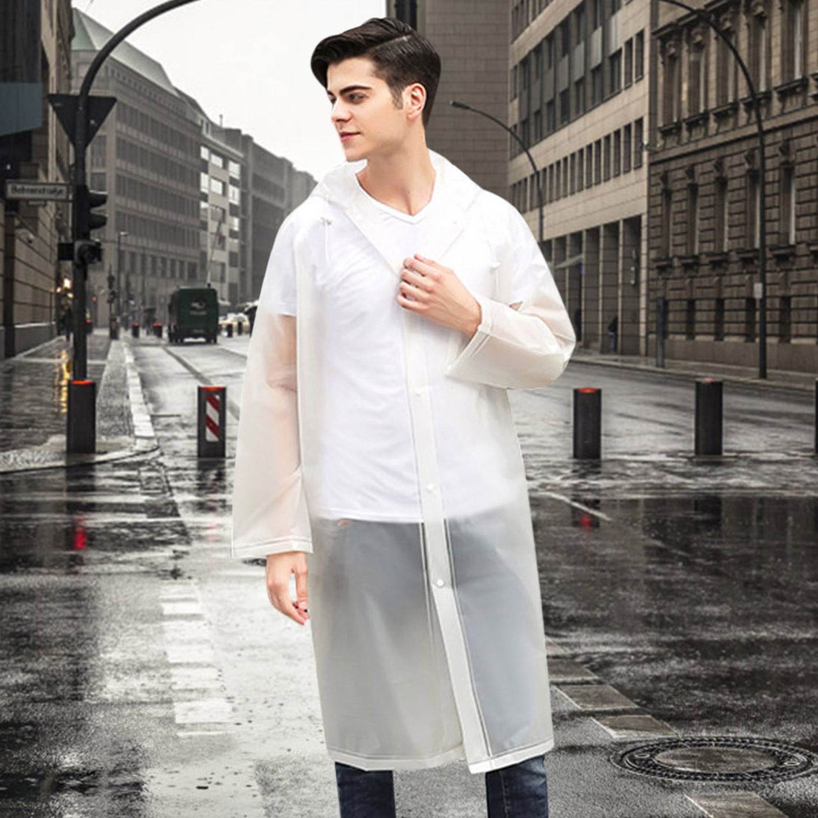 Unisex Fashion Reusable Button Rain Jacket Coat Hooded Raincoat With ...