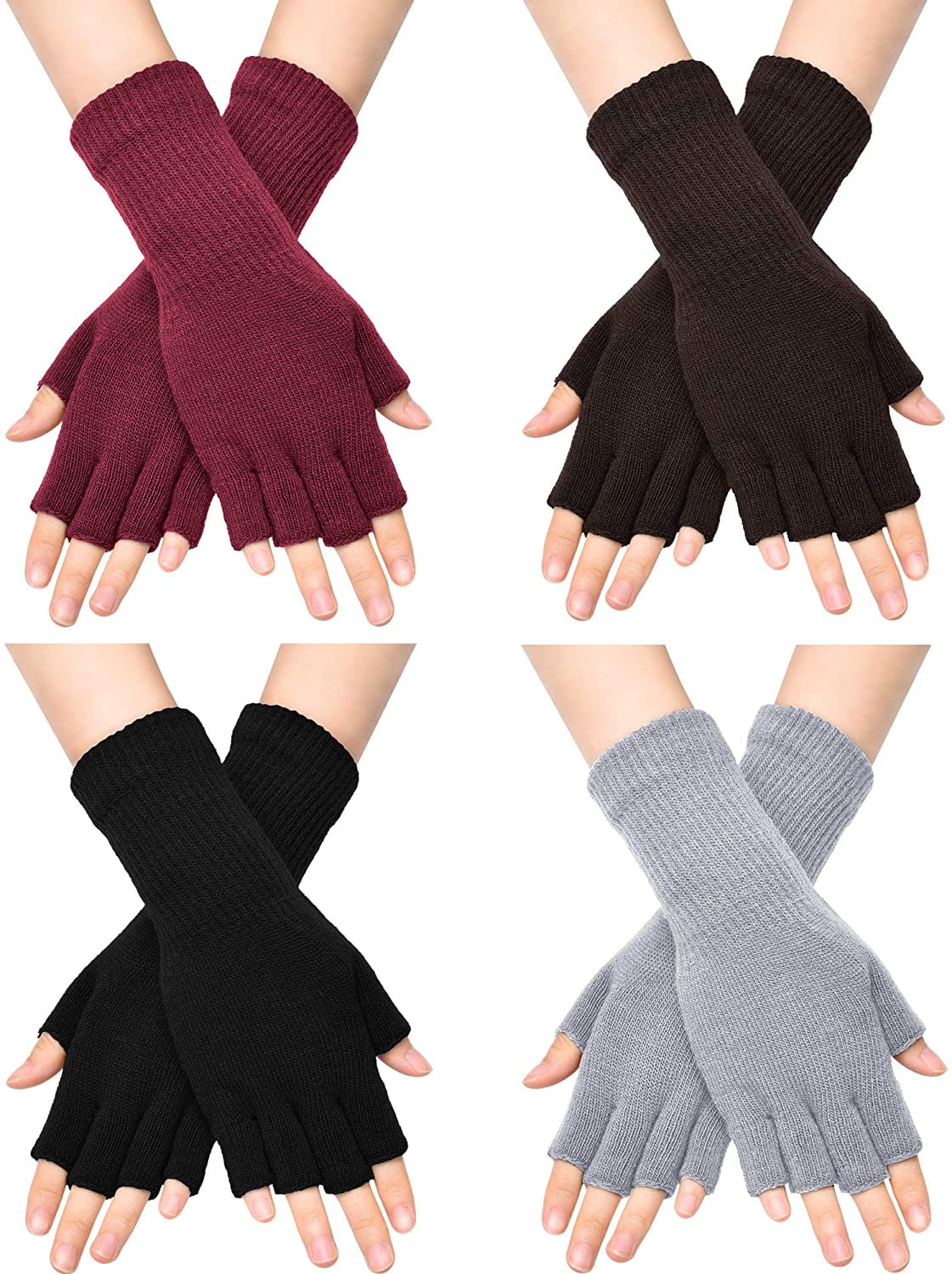 Unisex Half Finger Gloves Winter Stretchy Knit Fingerless Typing Gloves ...