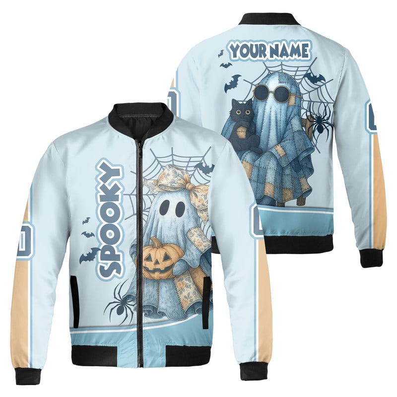 Unisex Halloween Bomber Jacket - Spooky Ghost Pumpkin Design with ...