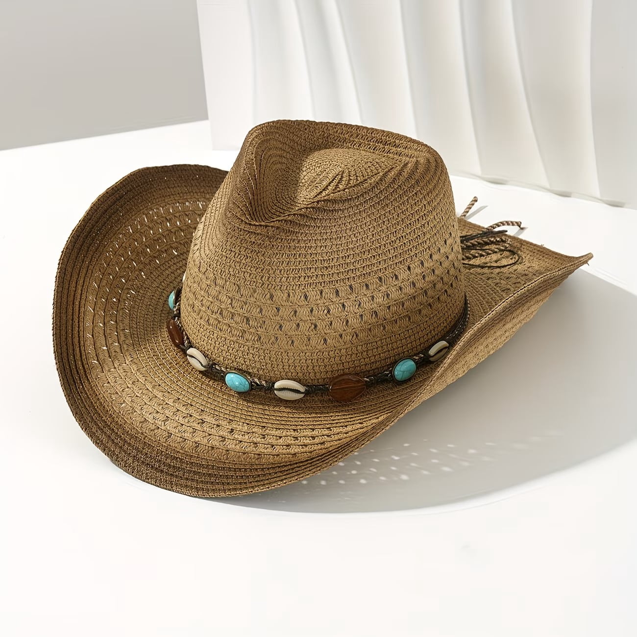 Unisex Hollow Out Straw Cowboy Sun Hat with Turquoise Shell Decor ...