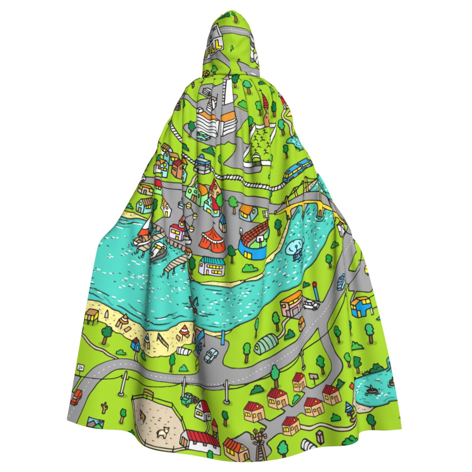Unisex Hooded Cloak Adult Lightweight Overcoat Doodle Isolated Town Map ...