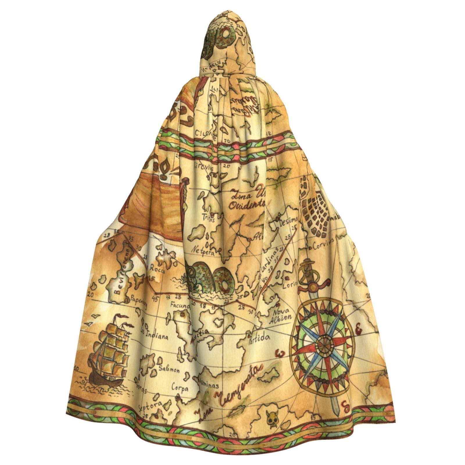 Unisex Hooded Cloak Adult Lightweight Overcoat Old Pirate Map With Wind ...
