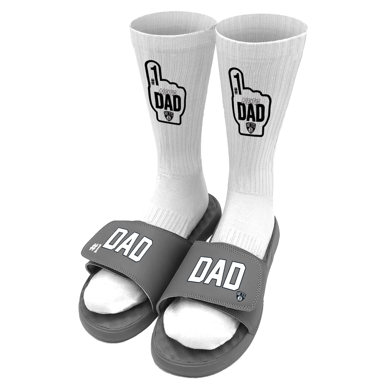 Unisex ISlide Gray Brooklyn Nets #1 Dad Socks & Slide Sandals Bundle ...