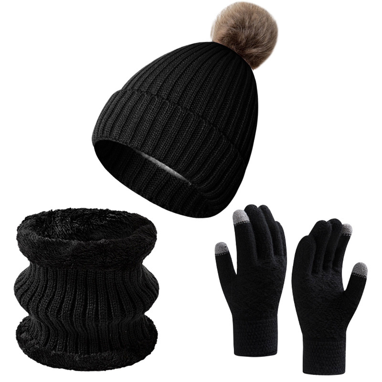 Unisex Knit Hat Scarf Gloves Set - Plush Thick Beanie Neck Warmer ...