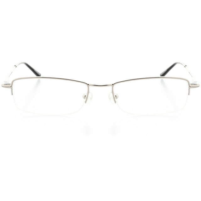 Unisex Optical Eyewear - Rectangle Shape, Metal Half Rim, Shiny Silver ...