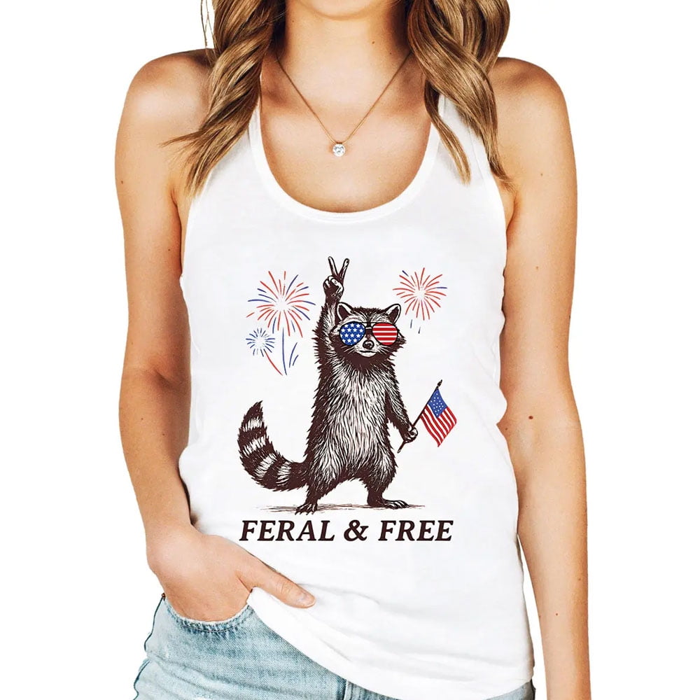 Unisex Patriotic Tank Top, “Feral & Free” Raccoon 4th of July Meme ...
