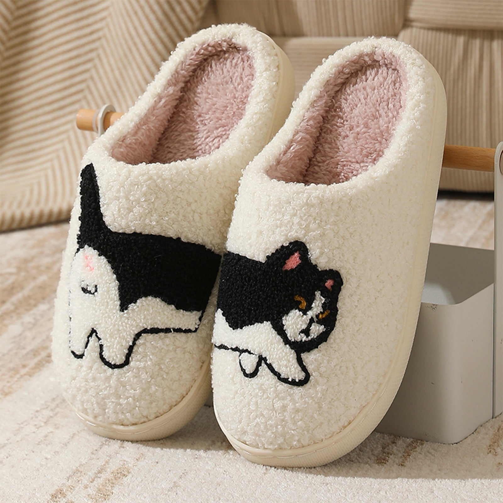 Unisex Plush House Slippers Cartoon Cow Cat Design Closed Toe Slip On ...