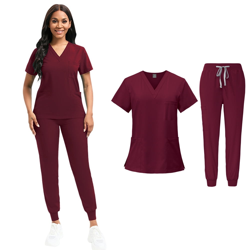 Unisex Scrubs Set V-Neck Short Sleeve Work Uniform for Vet Clinic ...