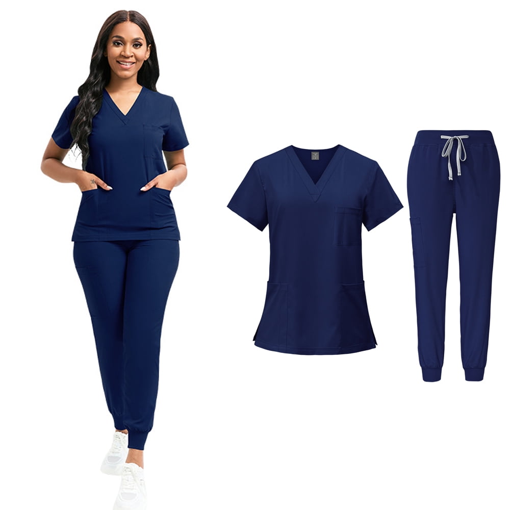 Unisex Scrubs Set V-Neck Short Sleeve Work Uniform for Vet Clinic ...