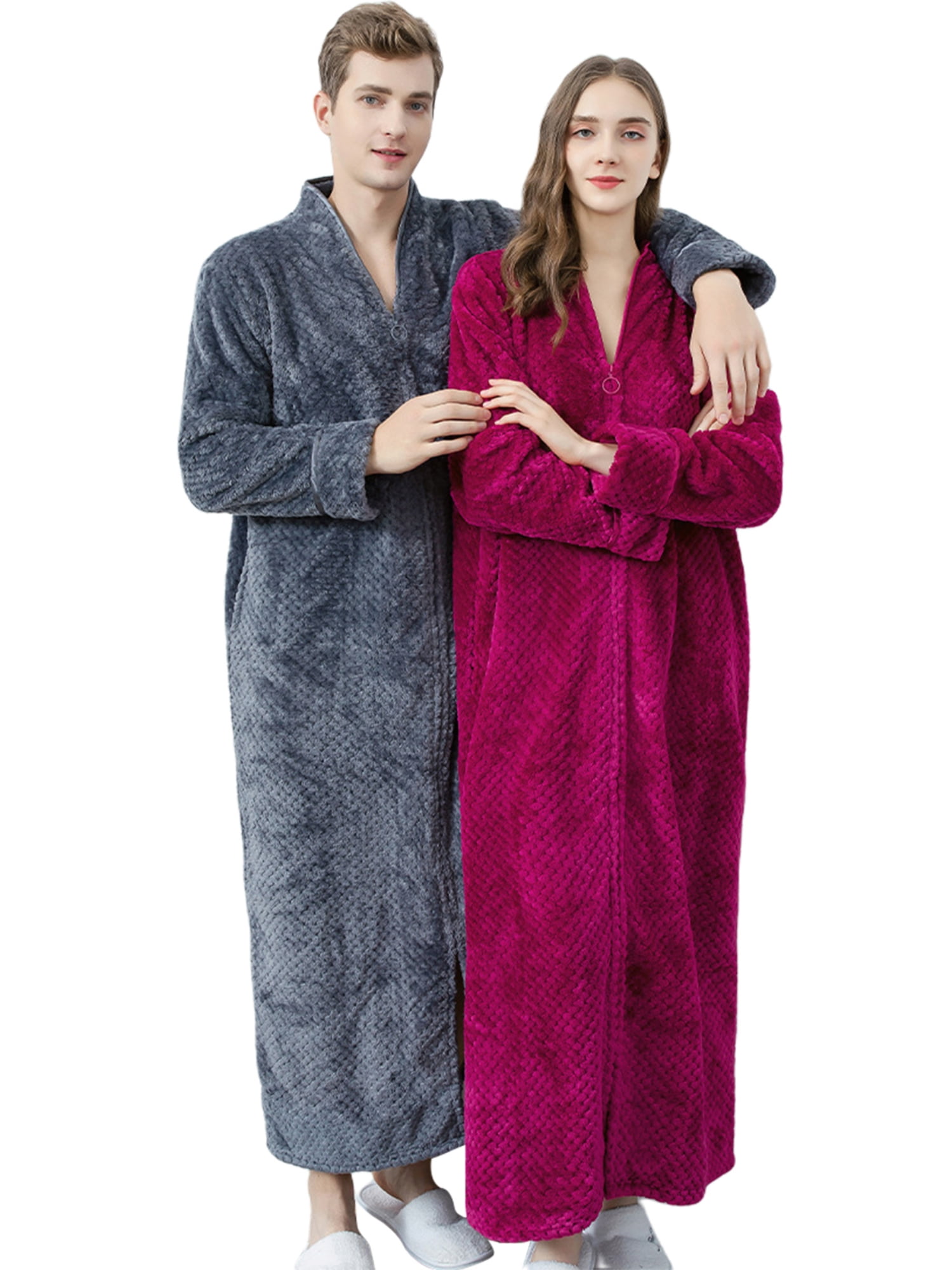 Unisex Sleep Bathrobes,Zipper Front Luxury Warm Waffle Plaid Nightgown ...