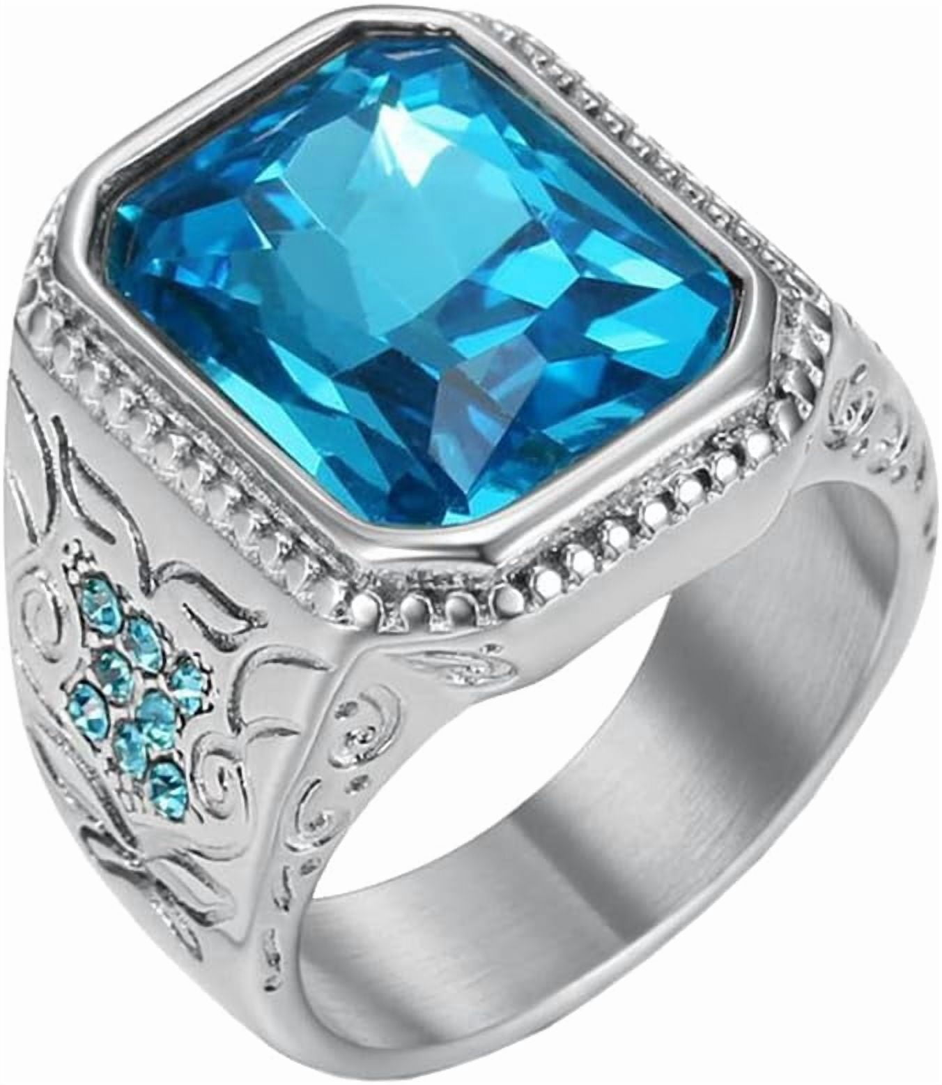 Unisex Stainless Steel Hip Hop Classic Cut Blue Gemstone Signet Ring ...