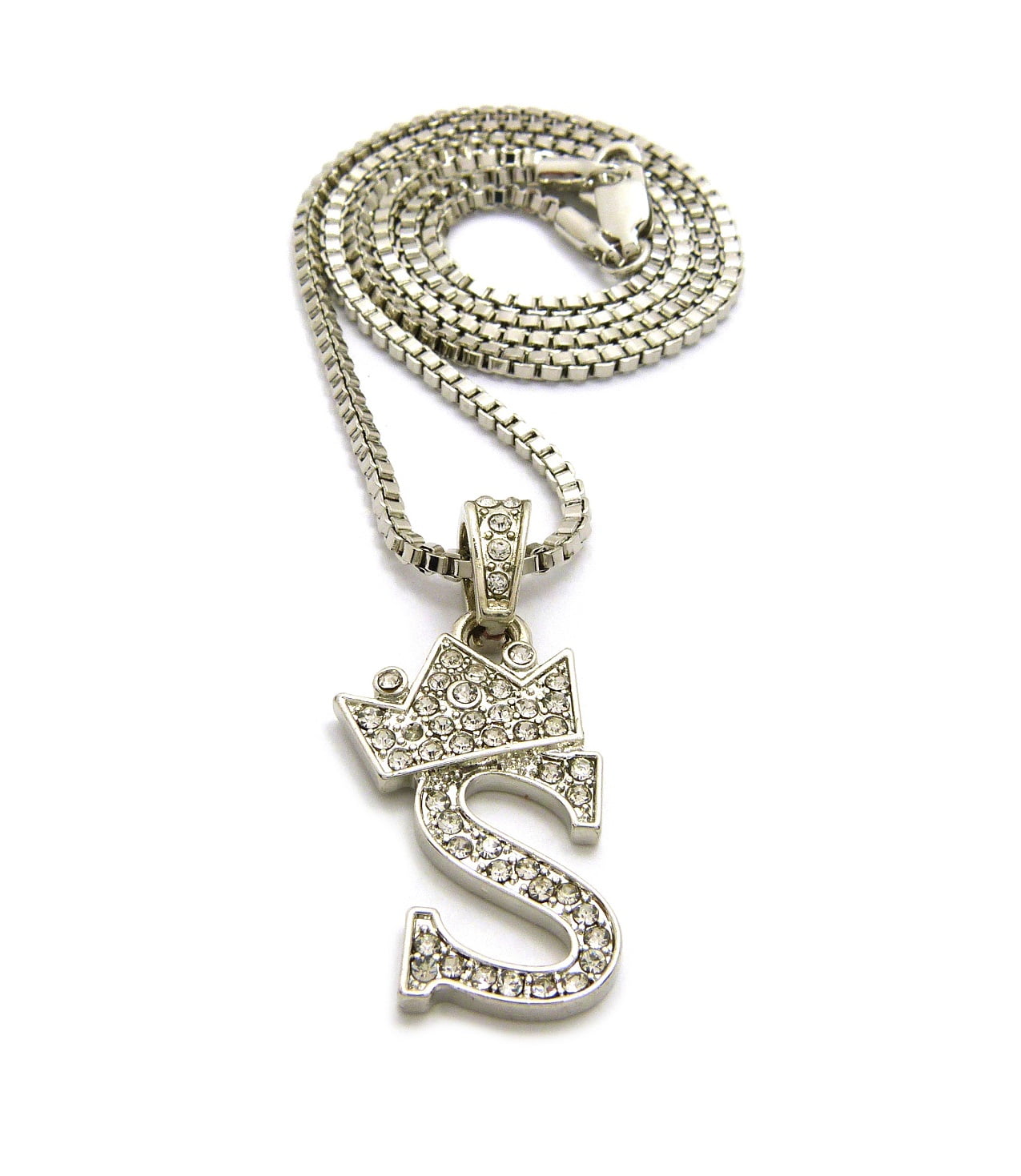 Unisex Stone Stud Tilted Crown Letter Initial Micro Pendant 2mm Box ...