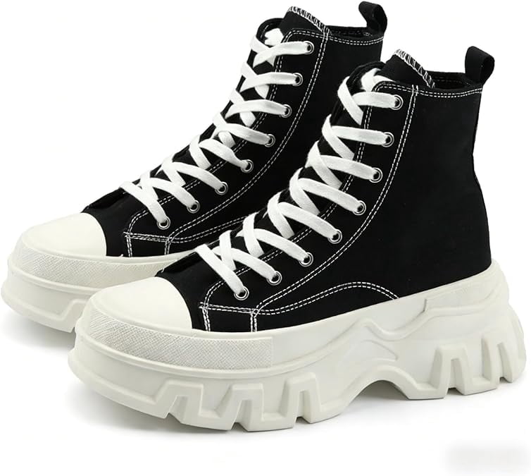 Unisex Style Classic High-Top Canvas Shoes Black and White Lace-Up ...