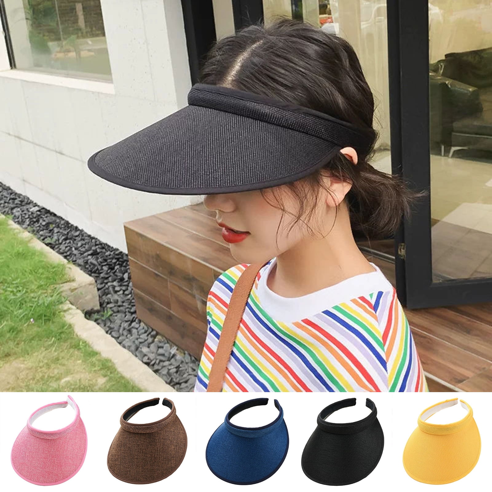 Unisex Sun Hat Adjustable Elastic Band Empty Top Wide Long Brim Sun ...