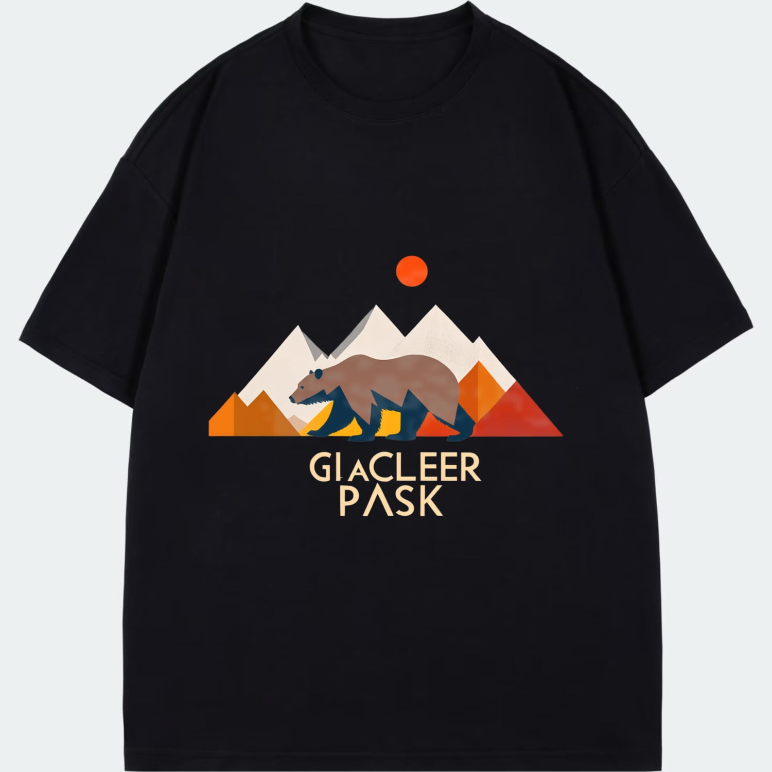Unisex T Shirt Black Mountain Bear And Sun Graphic Glaclear Pask Text ...