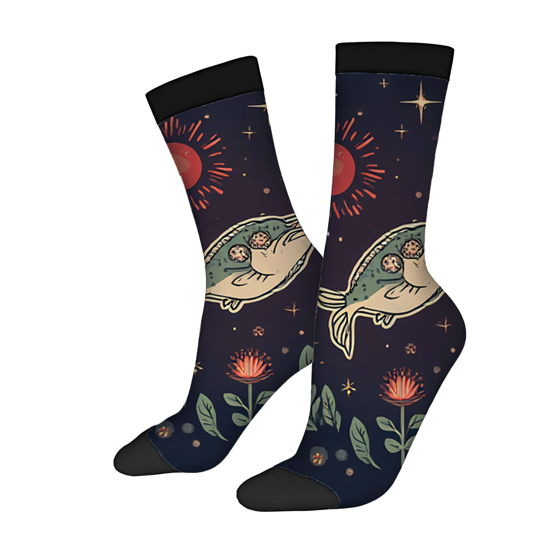 Unisex Trendy Celestial Socks (2 Pairs) - Fish Stars & Sun Design with ...