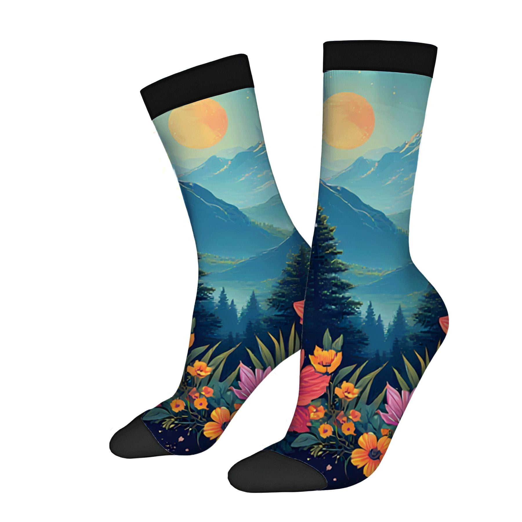 Unisex Trendy Socks (2 Pairs) - Scenic Landscape Design with Mountains ...