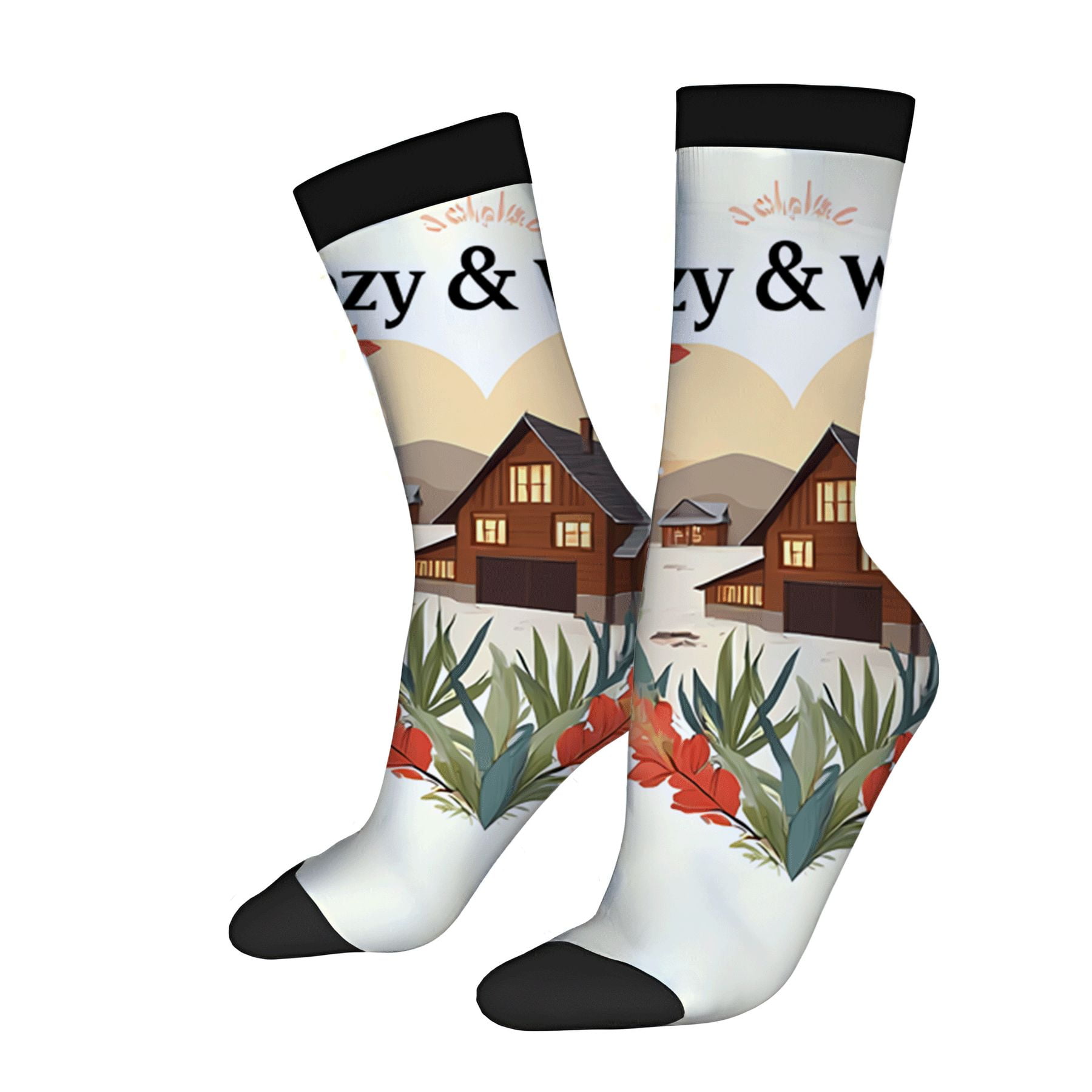 Unisex Trendy Socks (2 Pairs) - Scenic Wooden House Design with Autumn ...