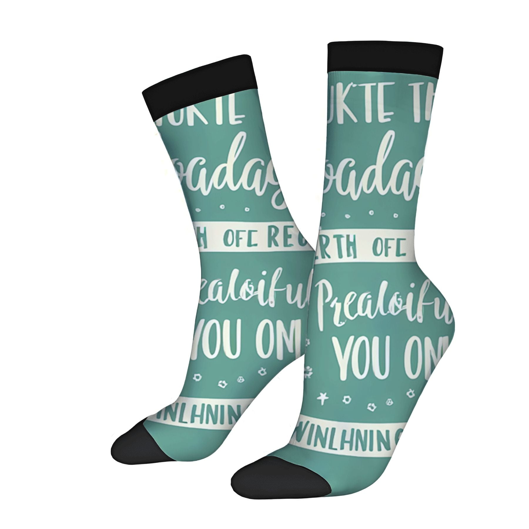 Unisex Trendy Socks (2 Pairs) - Teal Background with White Text Star & Flower Patterns Black Toe ...
