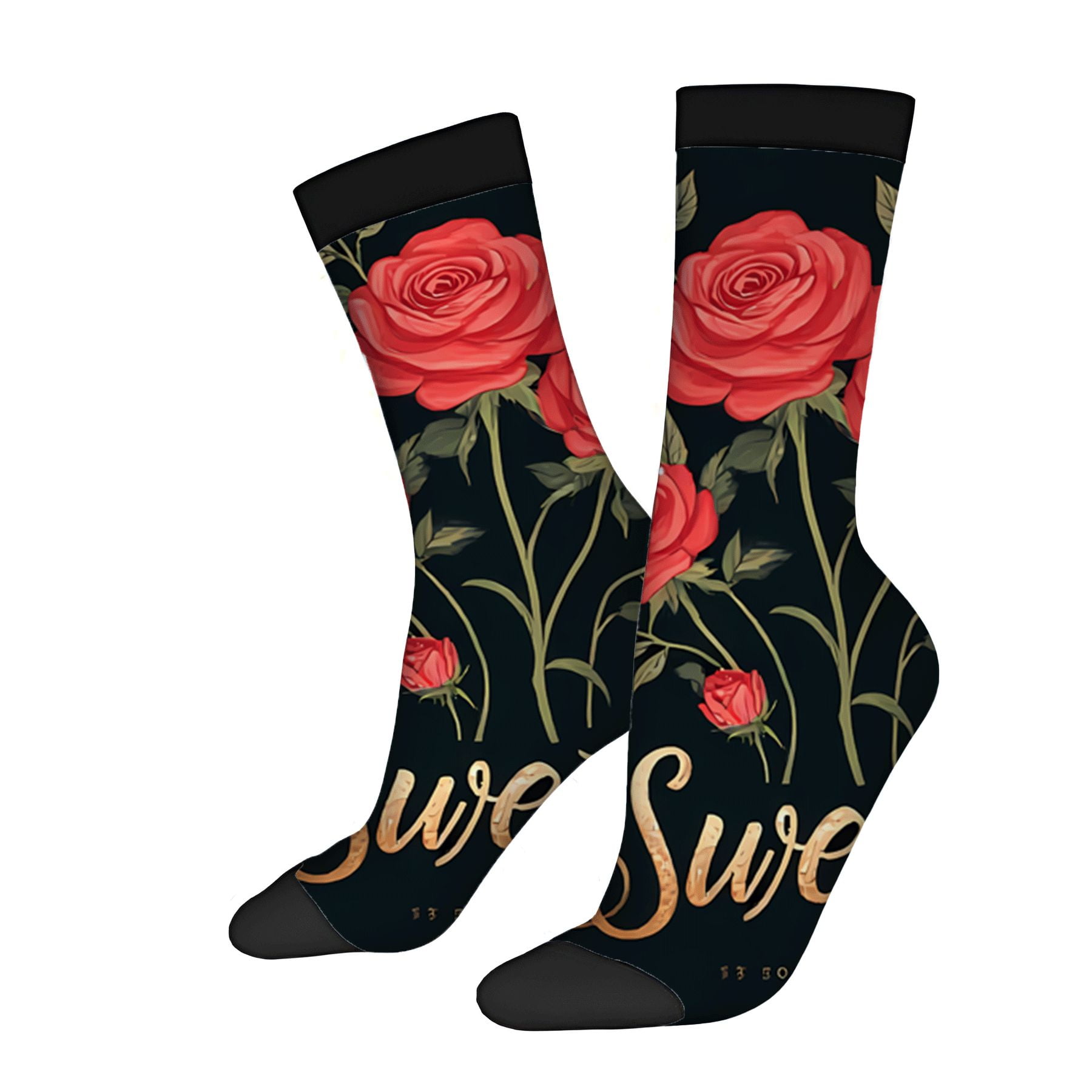 Unisex Trendy Socks - 2 Pairs with Black Background Red Roses & Green ...