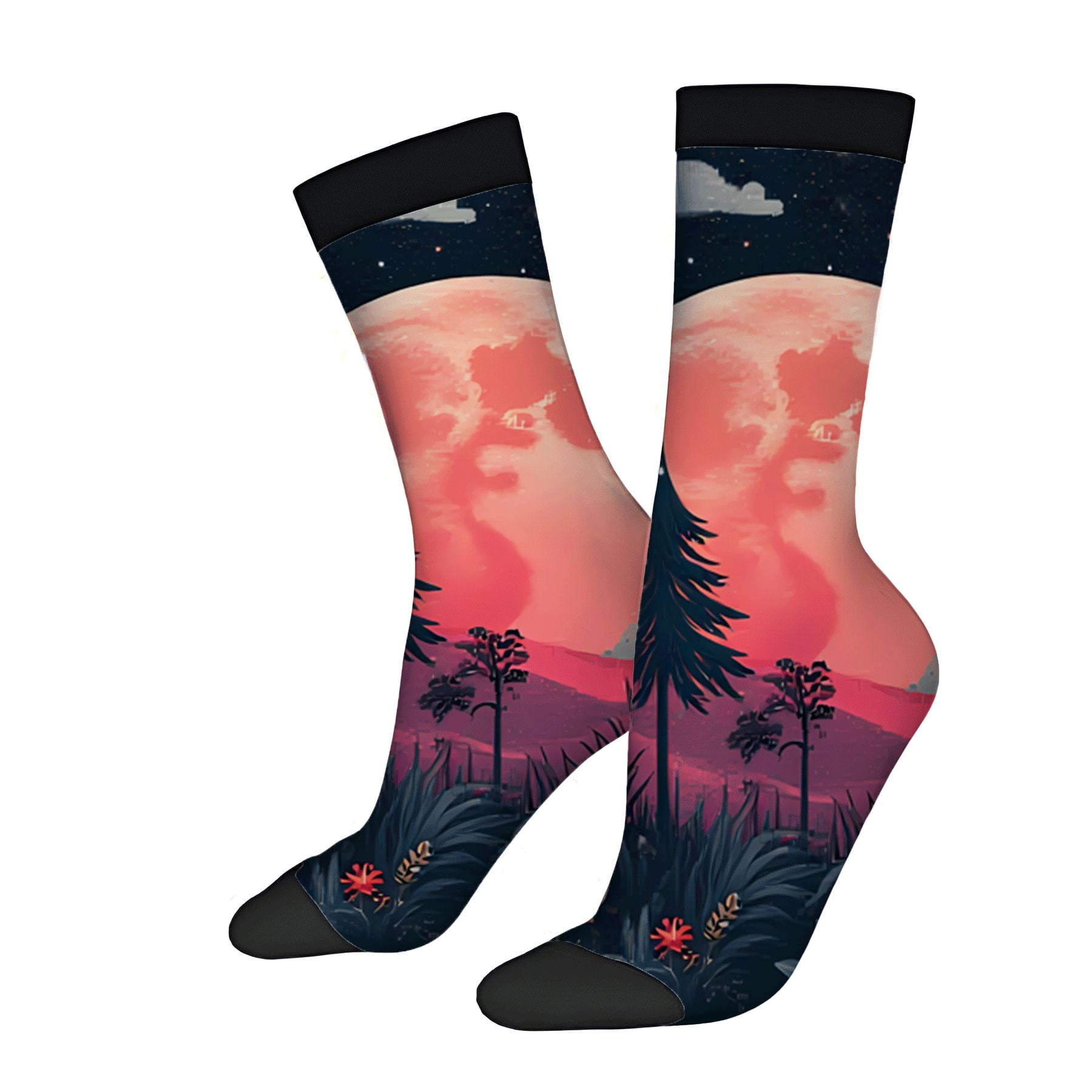 Unisex Trendy Socks - 2 Pairs with Surreal Landscape Design Red Moon ...