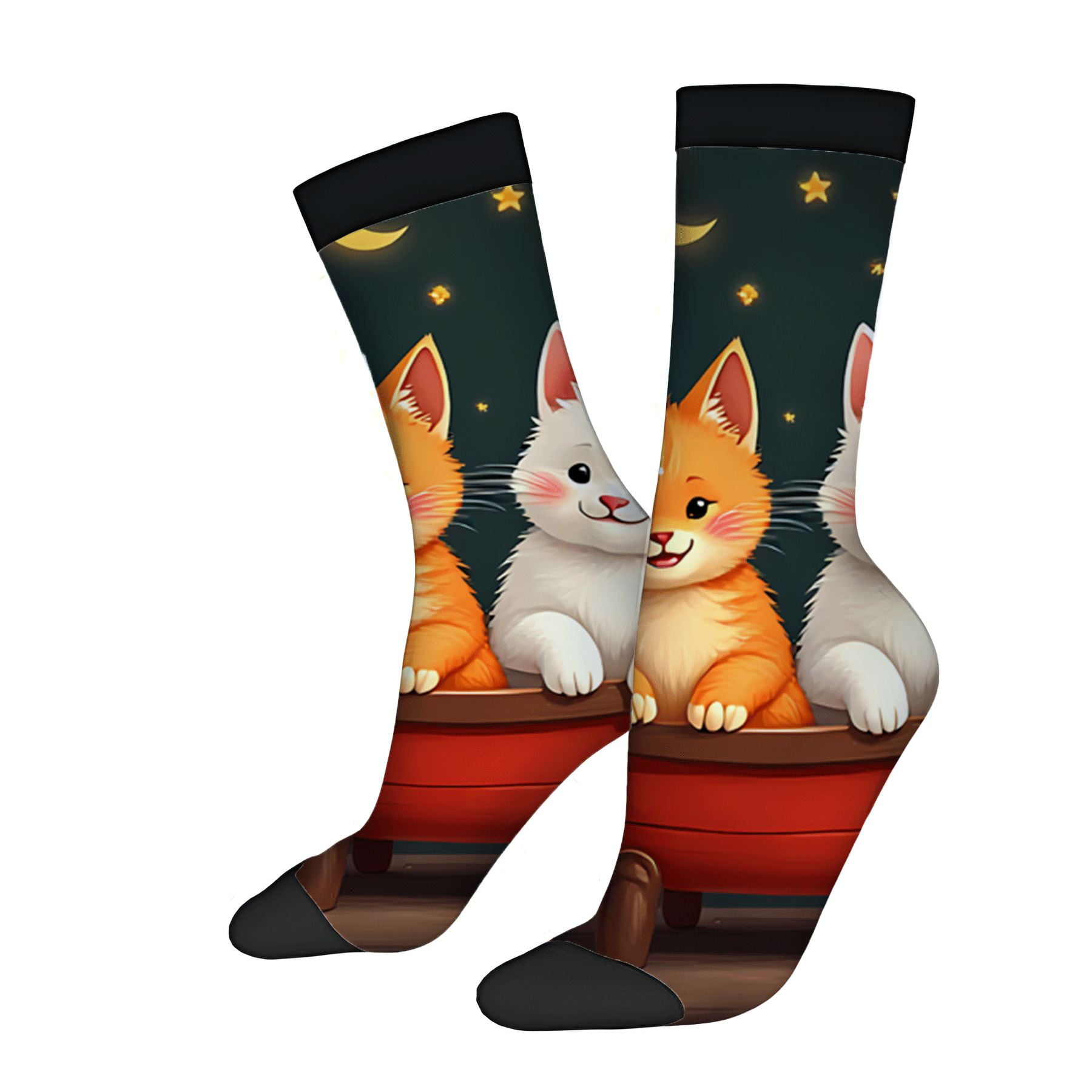 Unisex Trendy Socks - 2 Pairs with Whimsical Cartoon Cats on a Bench ...