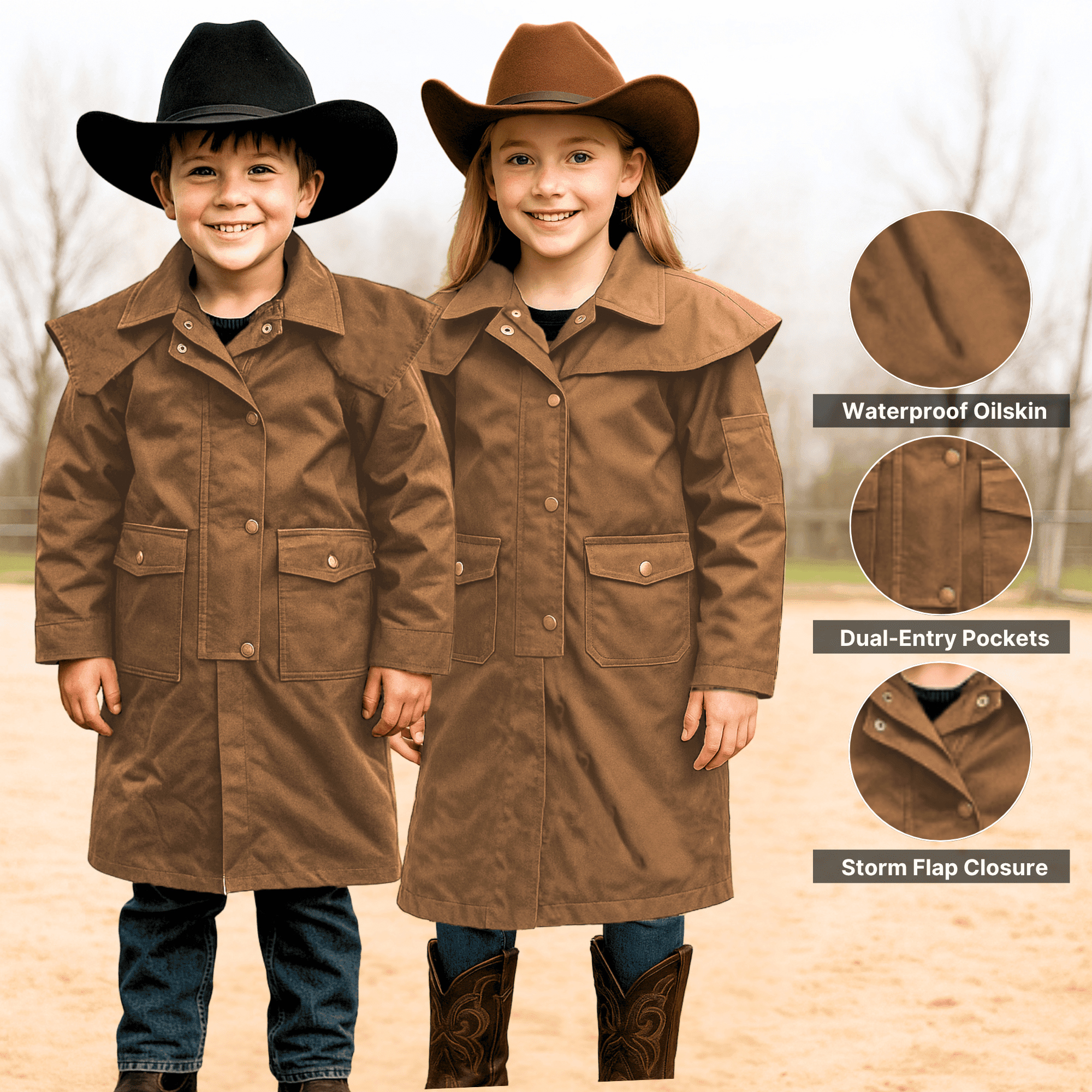 Unisex Western Oilskin Waterproof Duster Coat, Workwear Black/Tan Brown ...